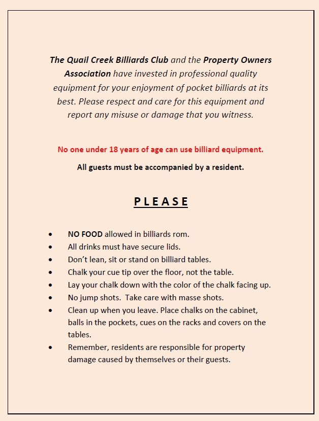 Our Billiards Room Rules – Quail Creek Billiards Club